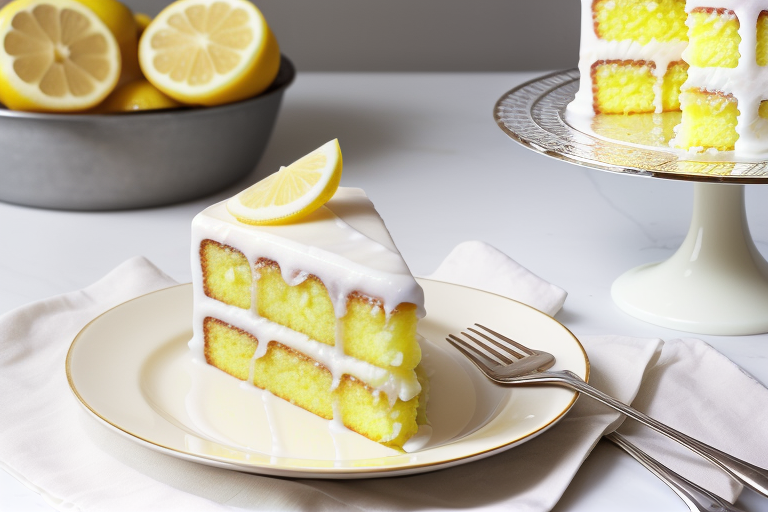 Deliciously Bright Lemon Cake Slice with Icing and Fresh Lemon Garnish.