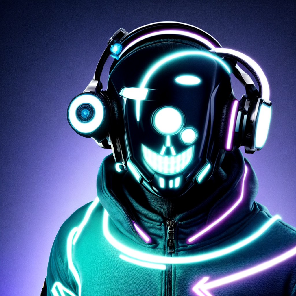 cyberpunk dj with goat mask/helmet, white cyan, profile pic
