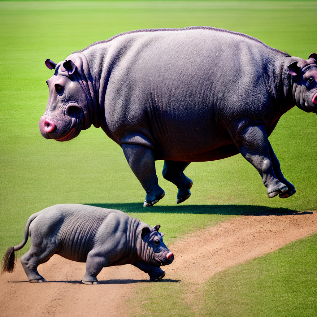 human with a hippo head running from a mutant pig