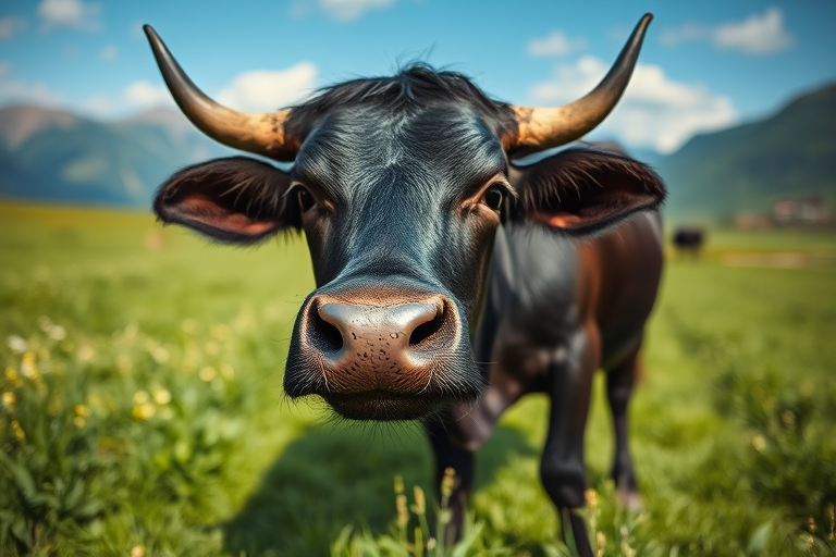 A Close-Up of a Curious Cow Grazing in a Beautiful Meadow Landscape.