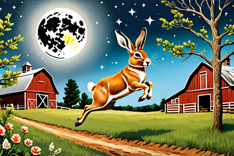 Jackalope lithograph style jumping over the moon on a farm