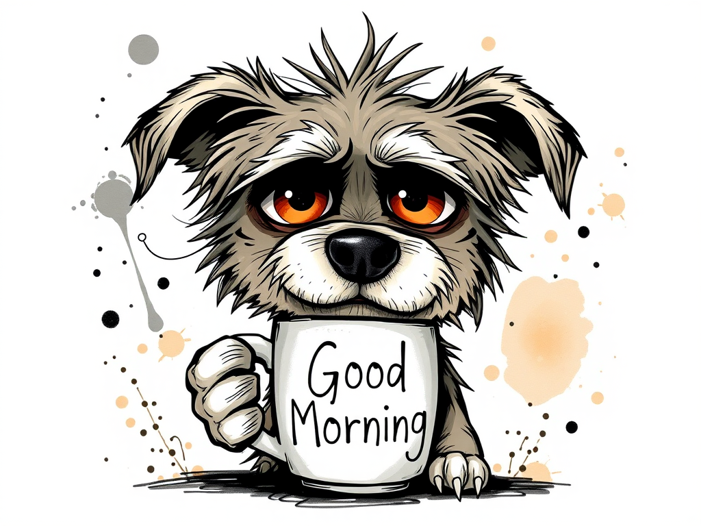 Adorable Dog Holding Coffee Mug with Cheerful Good Morning Message