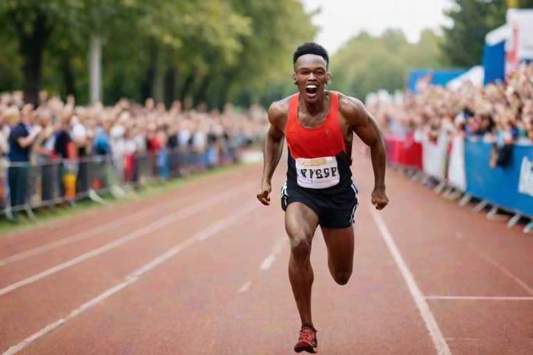 Runner Celebrates Victory with Joyful Expressions at the Finish Line