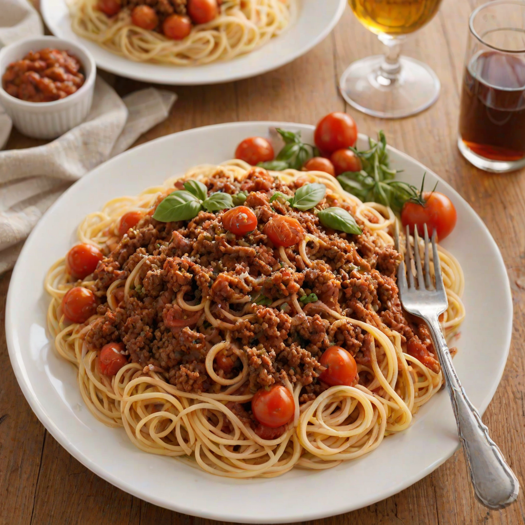 Delicious Plate of Spaghetti with Meat Sauce and Fresh Cherry Tomatoes