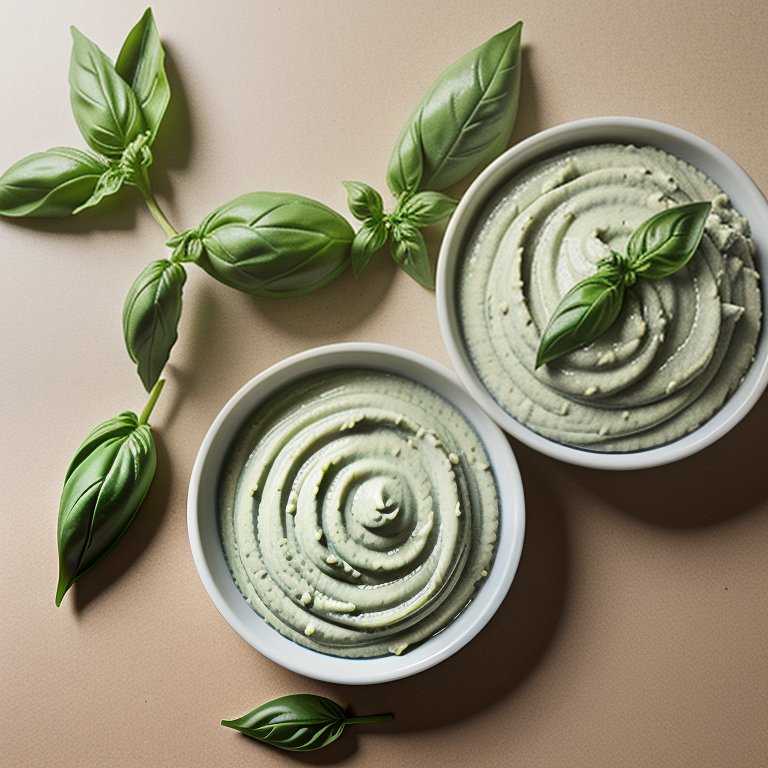 Fresh Basil Pesto in Bowls Surrounded by Vibrant Green Basil Leaves