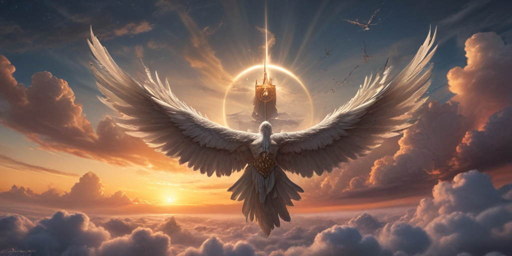 Majestic Angel Soaring Through Radiant Skies Toward a Glorious Sunrise