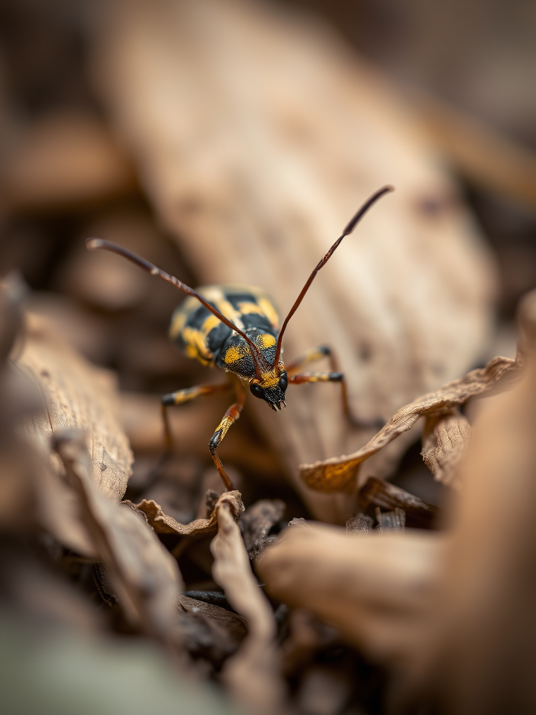 macro shot of a camouflaged insect blending with dry leaves, shallow ...