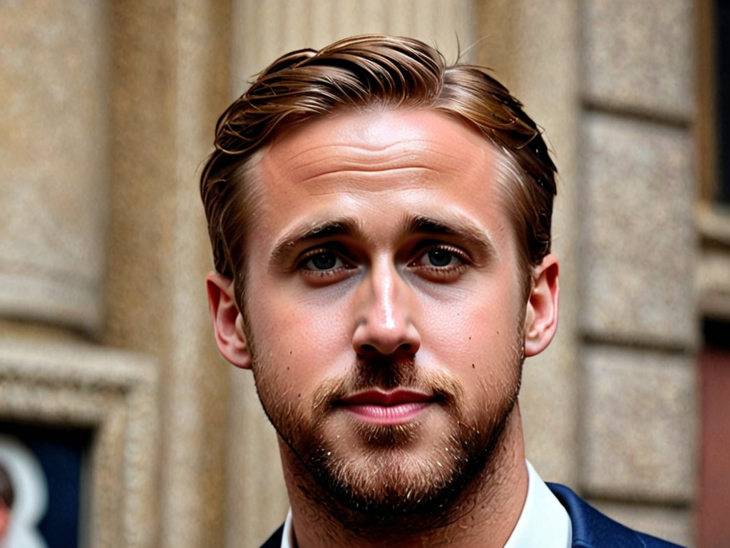 Low angle, close-up face, ryan gosling, up-turned chin looking down on ...
