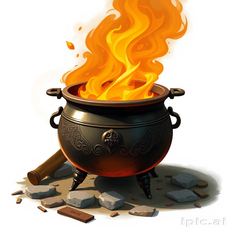 Magical Cauldron Bubbling with Flames Over a Bed of Rocks