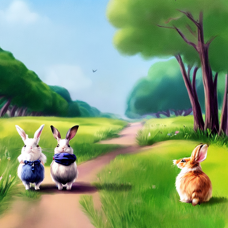 studio ghibli style 2 rabbits in meadow