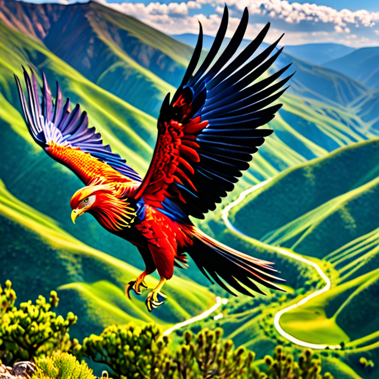 Mystical phoenix flying over a beautiful valley