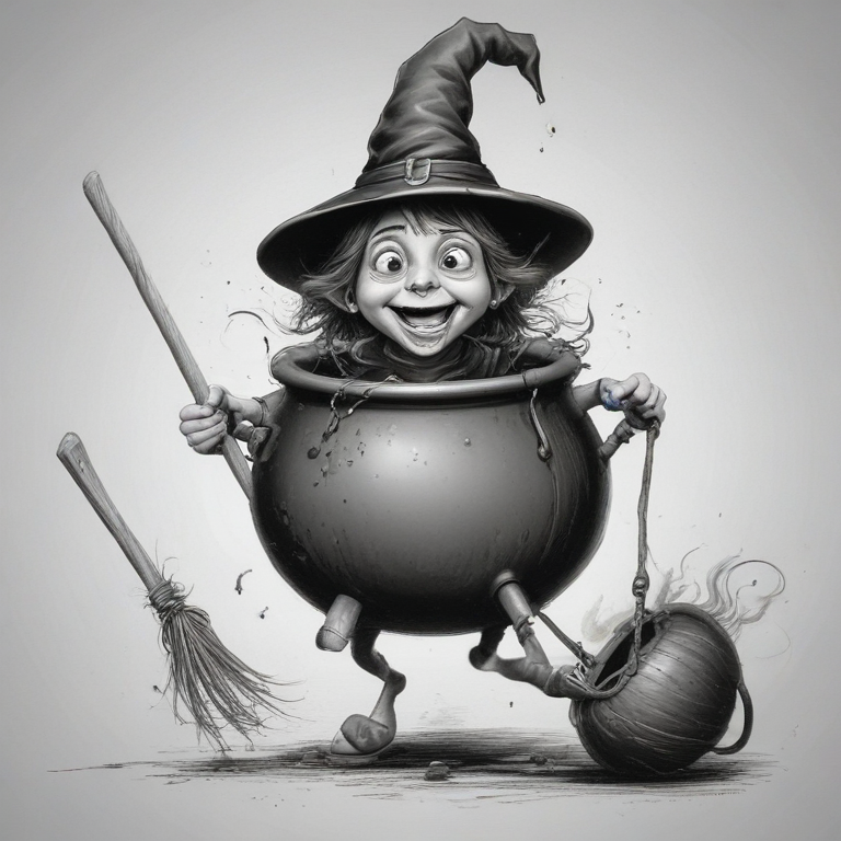 Black and white illustration of a sneaky cauldron running away after ...