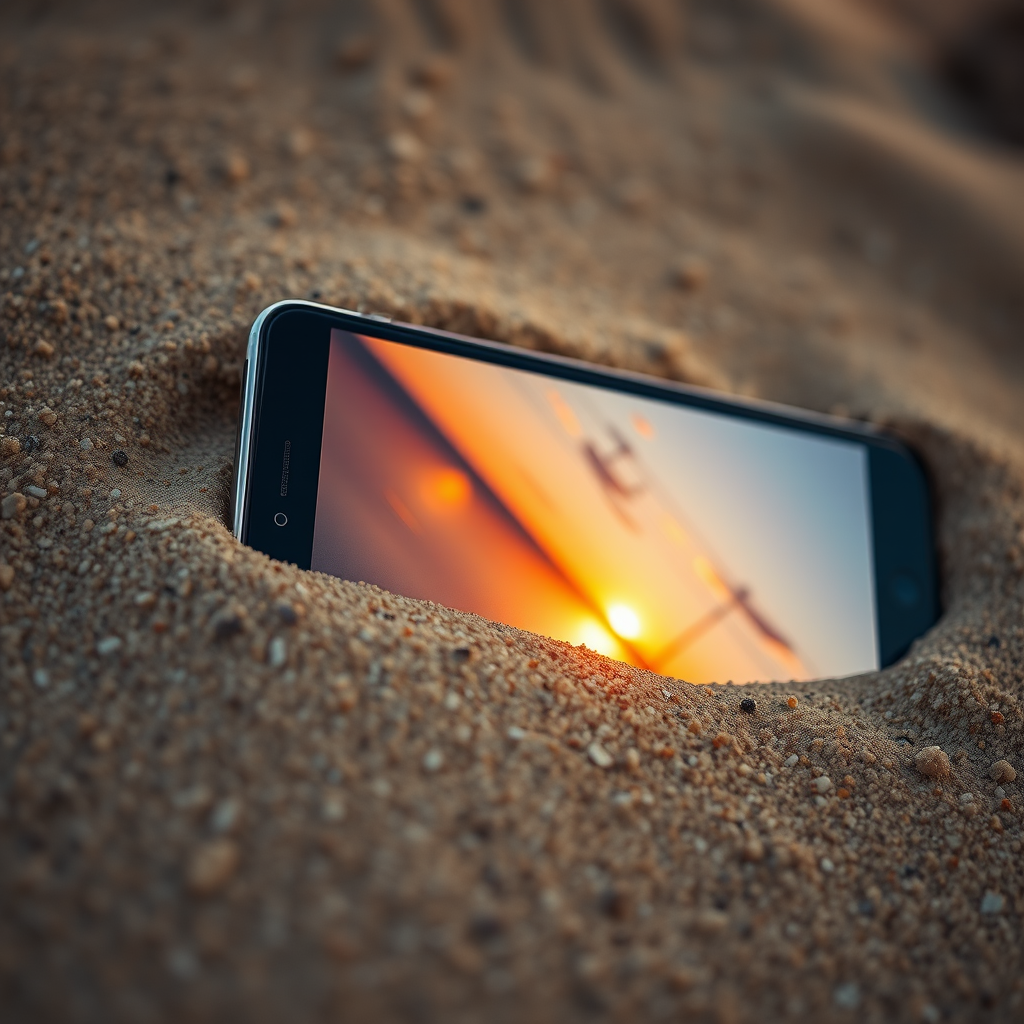 A Smartphone Half-Buried in Sand Capturing a Beautiful Sunset Scene.