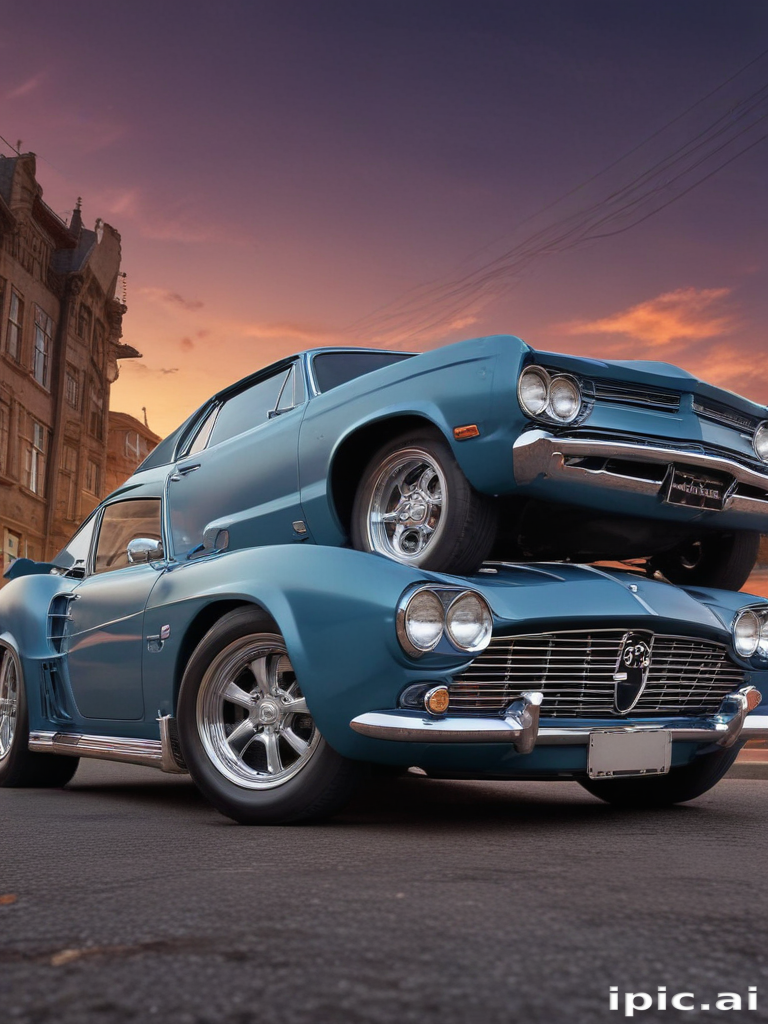Two Classic Vintage Cars Stacked Together Against a Beautiful Sunset Sky