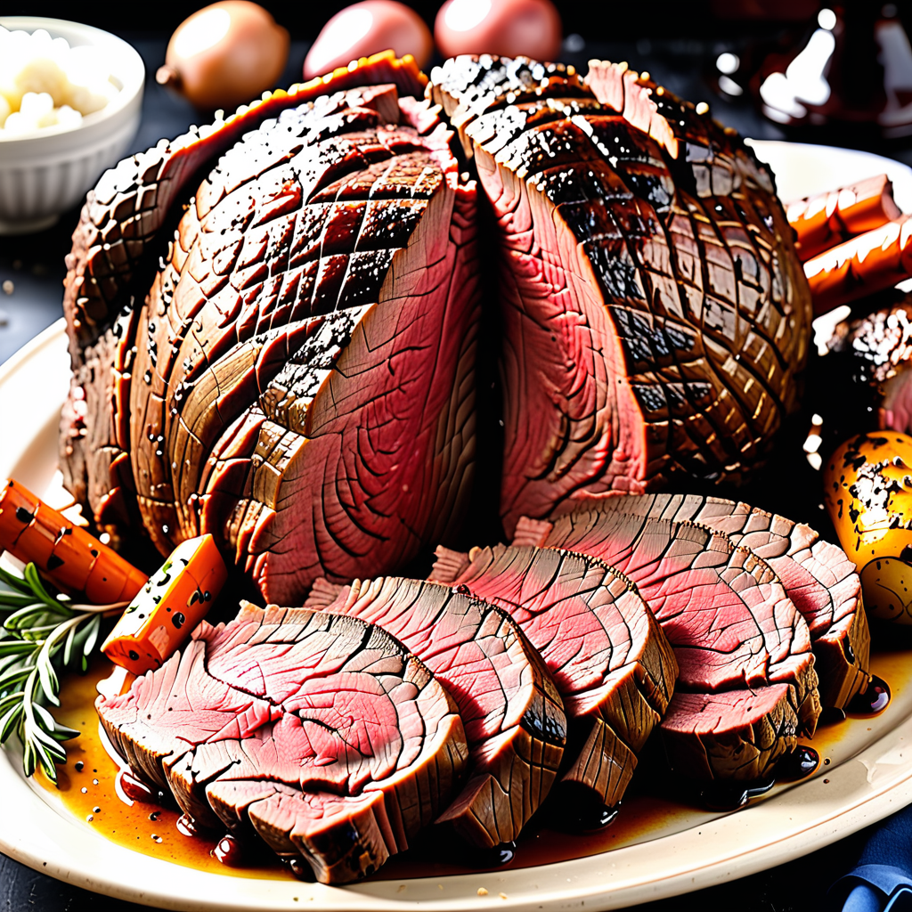 A Beautifully Cooked Roast Beef Platter with Fresh Vegetables and Herbs.