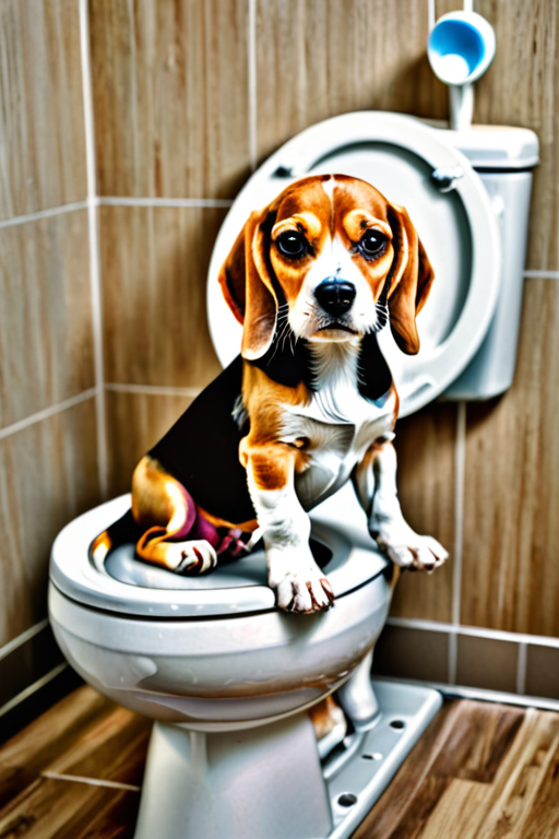 Beagle dog sitting on the toilet while playing on mobile phone