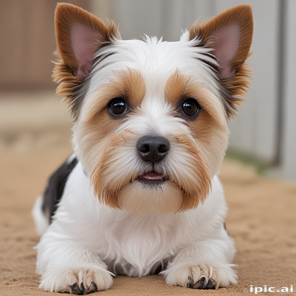 Adorable Small Dog with Distinctive Coat Posing Playfully on Sandy Surface