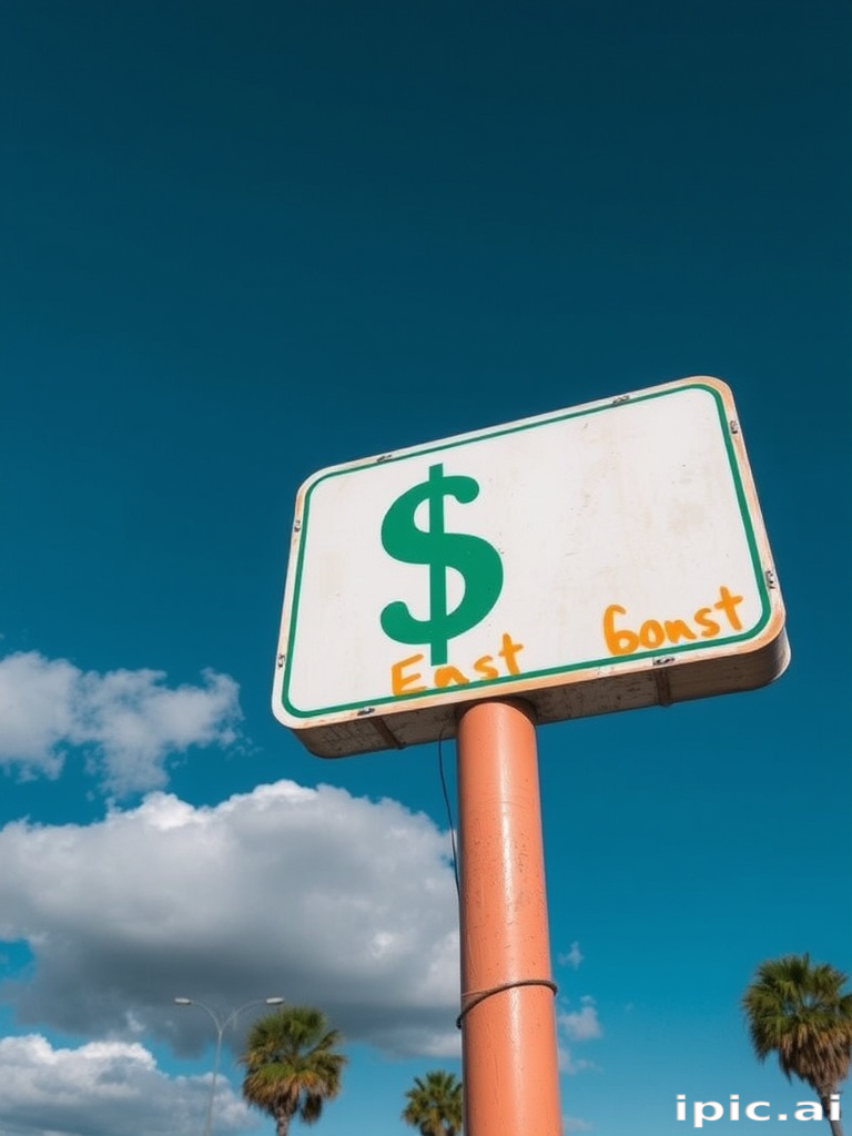 Weathered Dollar Sign with Graffiti Against a Bright Blue Sky