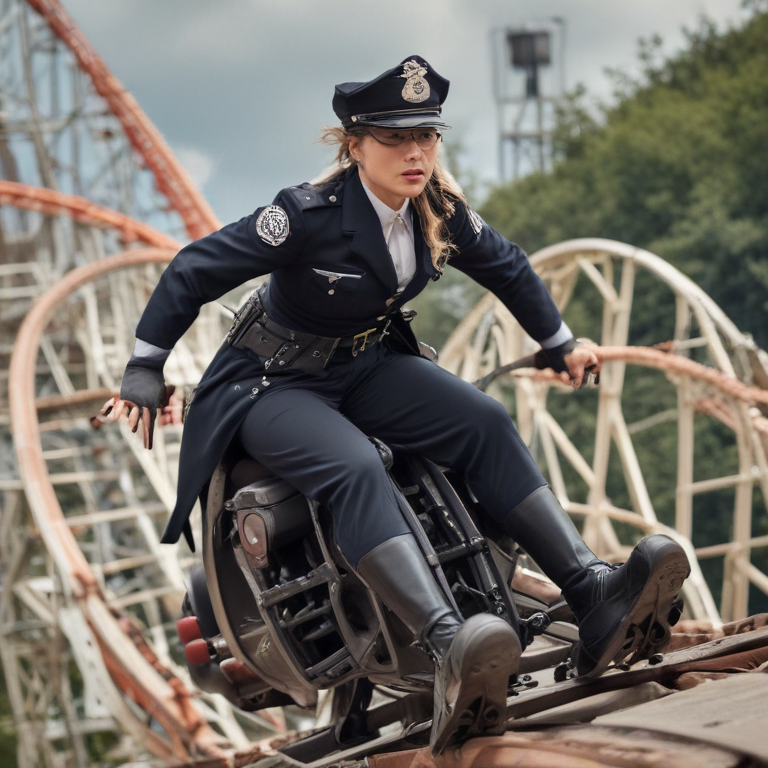 Female police costume riding atop revolver on roller coaster