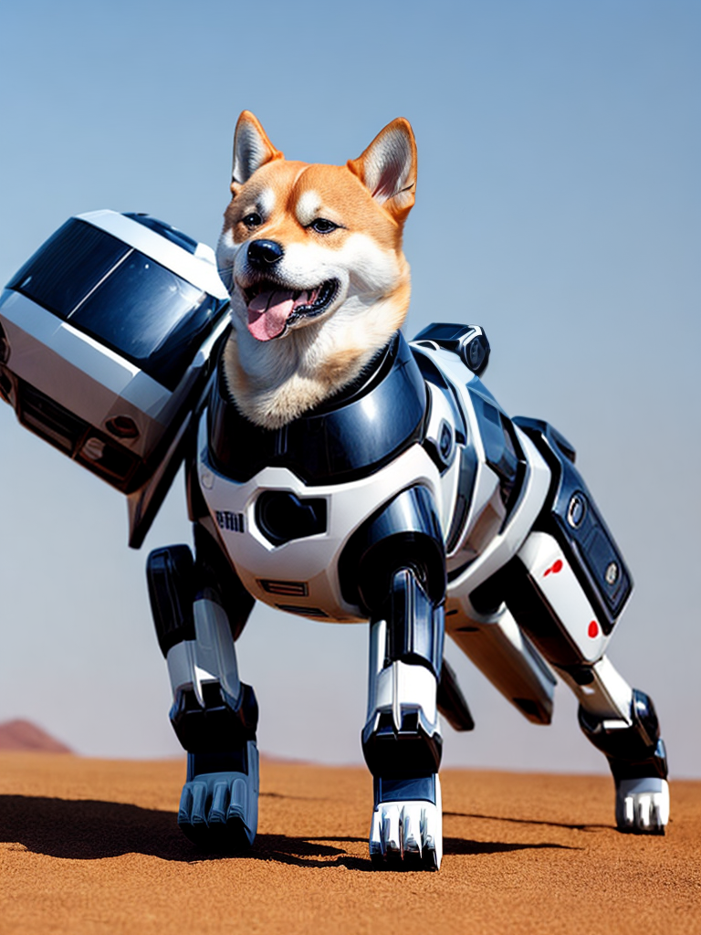 a graphic design of a shiba inu dog as a robot but with real face ...