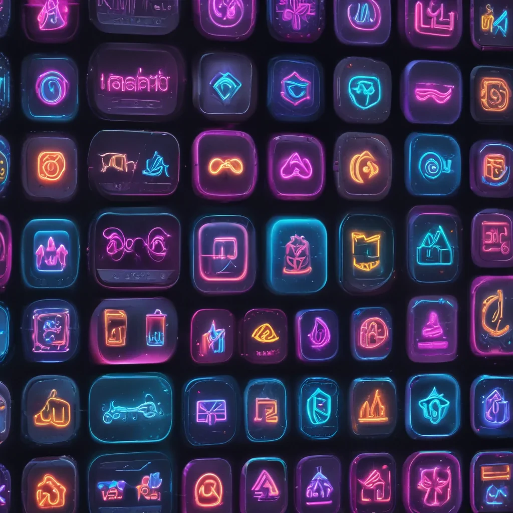 Colorful Neon Icons Displaying Various Digital Applications and Features