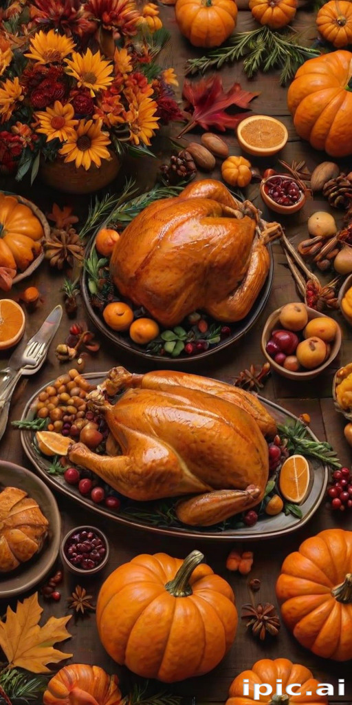 Autumn Feast Display Featuring Roasted Turkeys Surrounded by Seasonal Decor