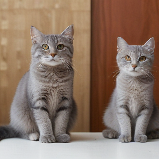 a tabby grey cat and a solid grey cat sitting on a desk