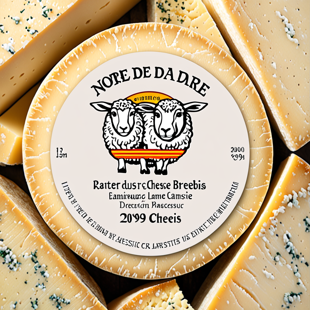 Round label of sheep cheese called "NOTRE-DAME DE BREBIS"