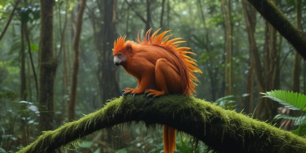 Vibrant Orange Creature Perched on Mossy Branch in Lush Jungle Environment
