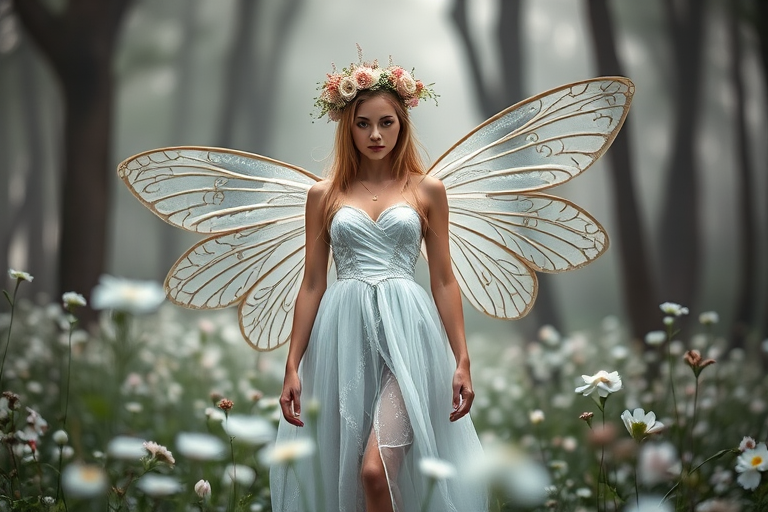Create an ethereal fairy with intricate wings and a floral crown ...