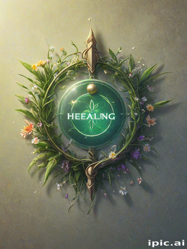 Enchanting Healing Emblem Surrounded by Lush Greenery and Colorful Flowers