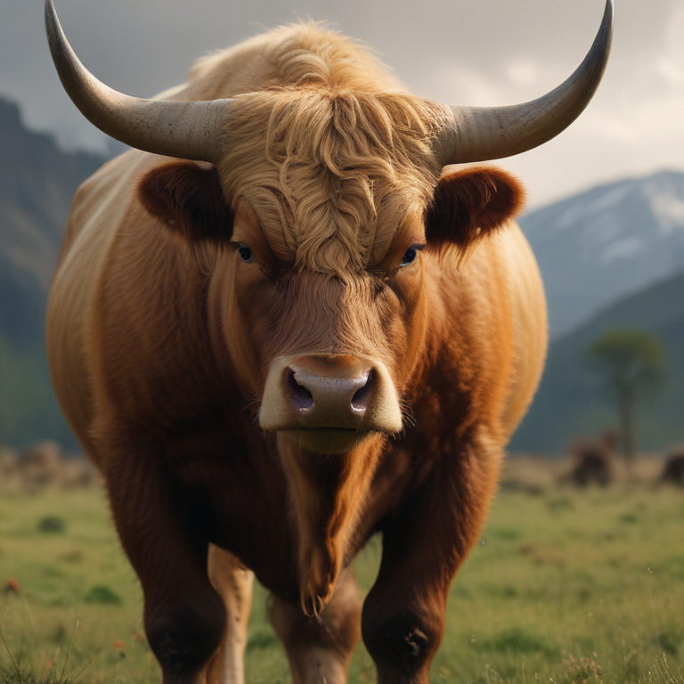 A Majestic Brown Bull Standing Proudly in a Scenic Mountain Landscape.