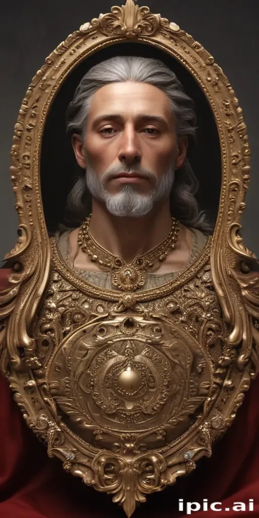 A Regal Portrait of a Noble Figure Framed in Ornate Gold Decoration