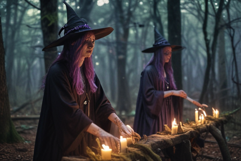 lots of witches with purple hair in an enchanted dark forest, casting a ...