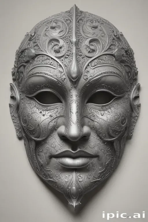 Intricately Designed Silver Mask with Elaborate Patterns and Expressions.
