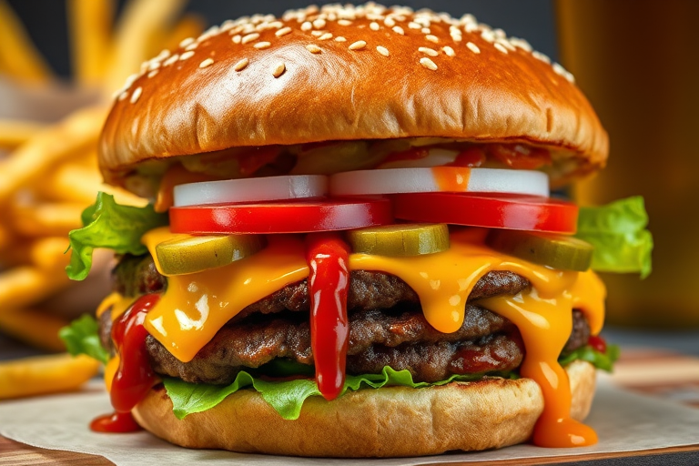 Delicious Triple Cheeseburger Loaded with Fresh Toppings and Golden Fries