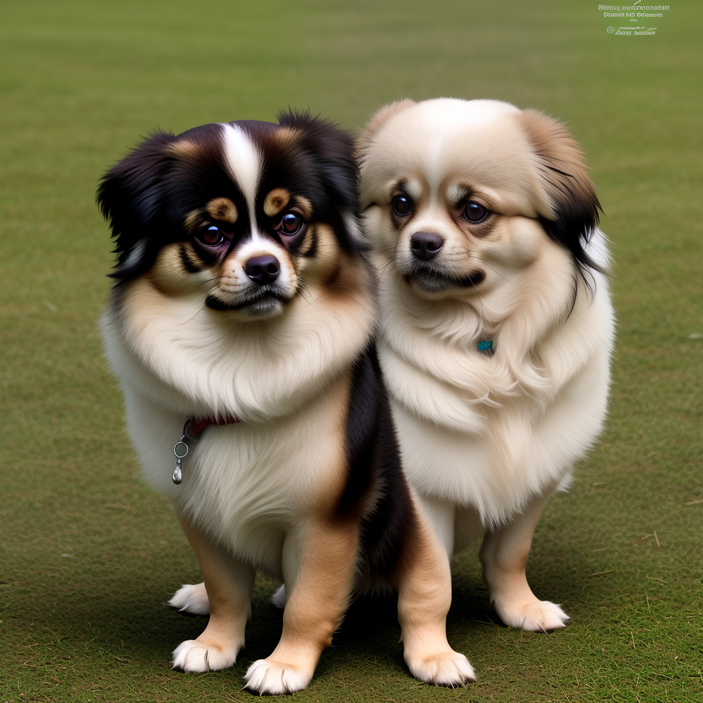 Two Adorable Dogs Standing Side by Side on a Green Lawn.