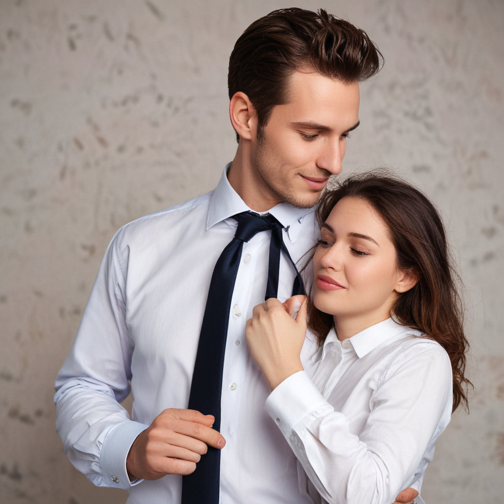 man pulling woman's tie