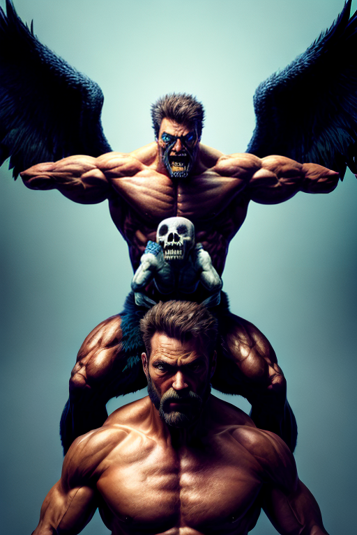 strong man holding monsters' necks with his hands, on top of a pile of ...