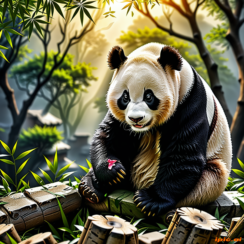 A Playful Panda Enjoying a Snack Amidst Lush Bamboo Forest Scenery.