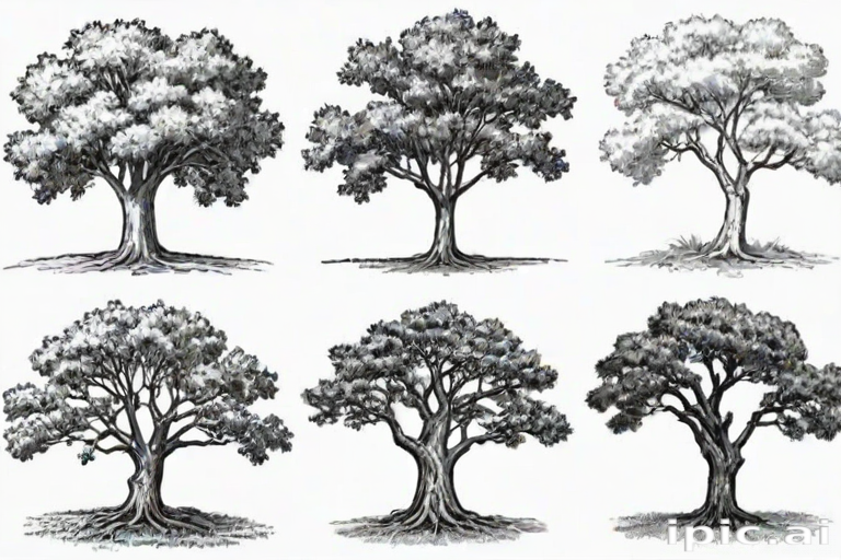 Illustration Showcasing Six Unique Tree Designs in Monochrome Style