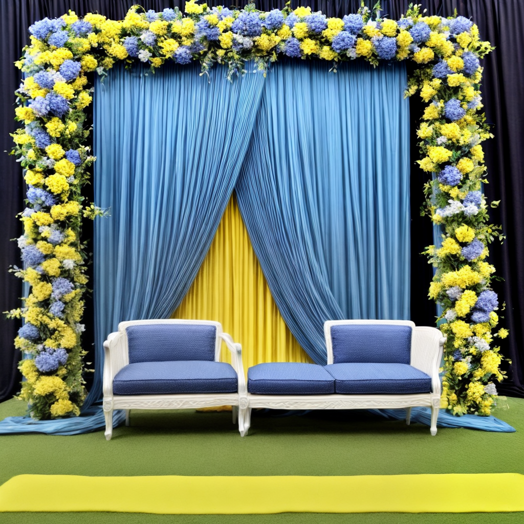 create me a couple seating stage with sofa and havey decorated backdrop ...
