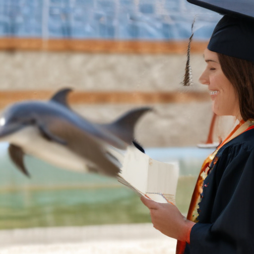 A dolphin completing university and receiving a diploma with it's tail.