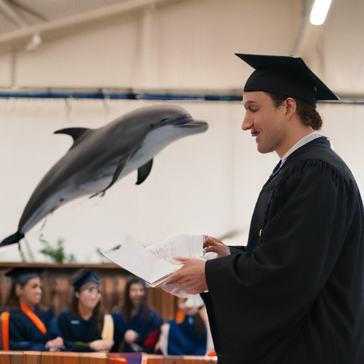 A dolphin completing university and receiving a diploma.