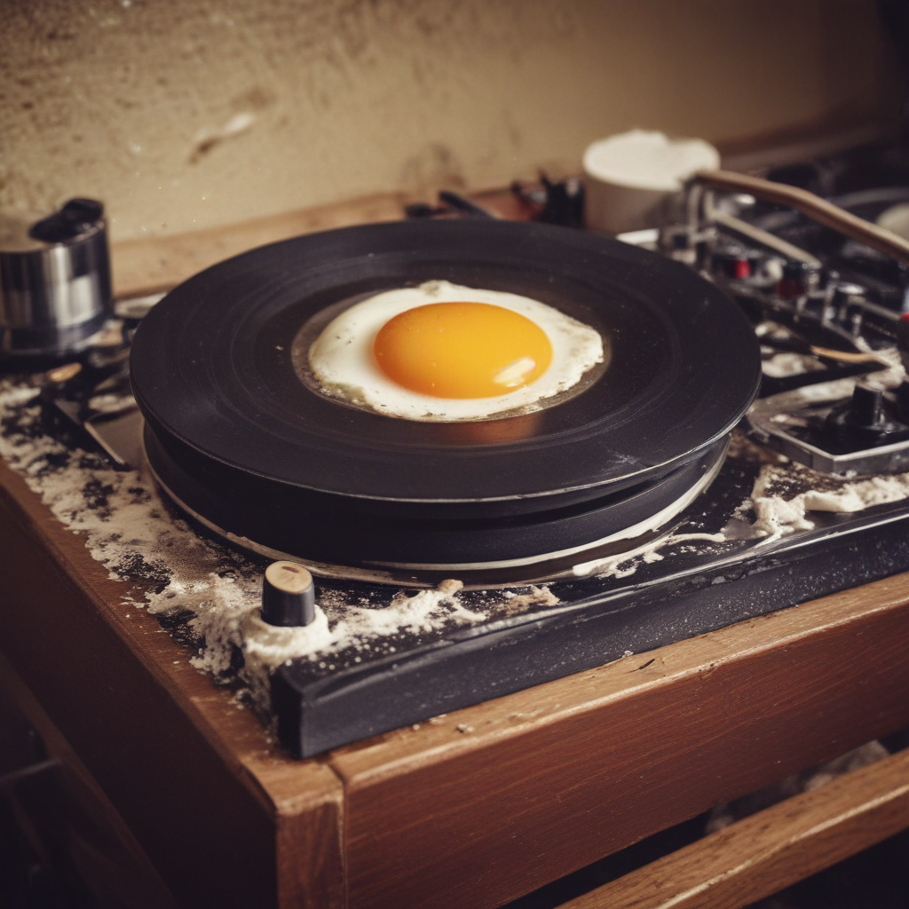 messy eggs cooking on vinyl player retro photography