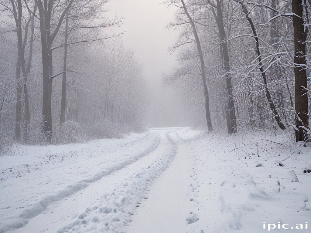 A Serene Winter Path Through a Misty Snow-Covered Forest Landscape.