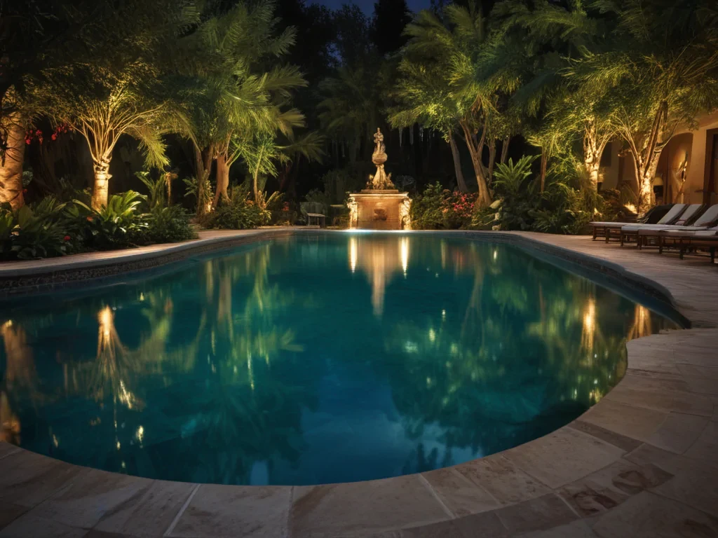 Enchanting Nighttime Oasis: A Serene Pool Surrounded by Lush Tropical Foliage