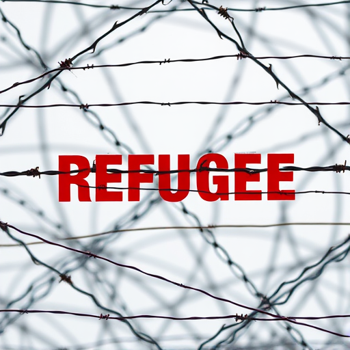 Create an image of the word REFUGEE in bold red letters set against a ...