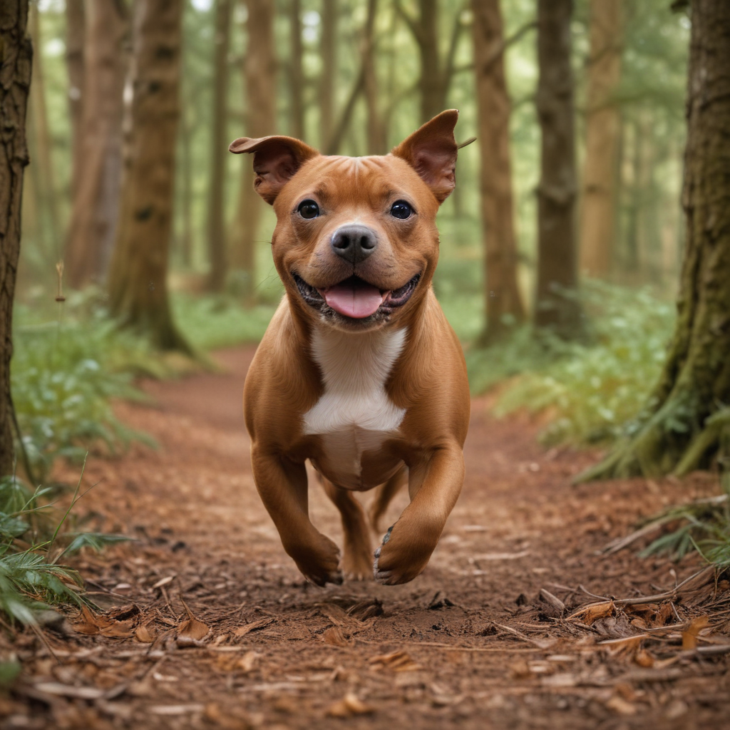 a rear view of a ginger Staffordshire bull terrier chasing squirrels ...