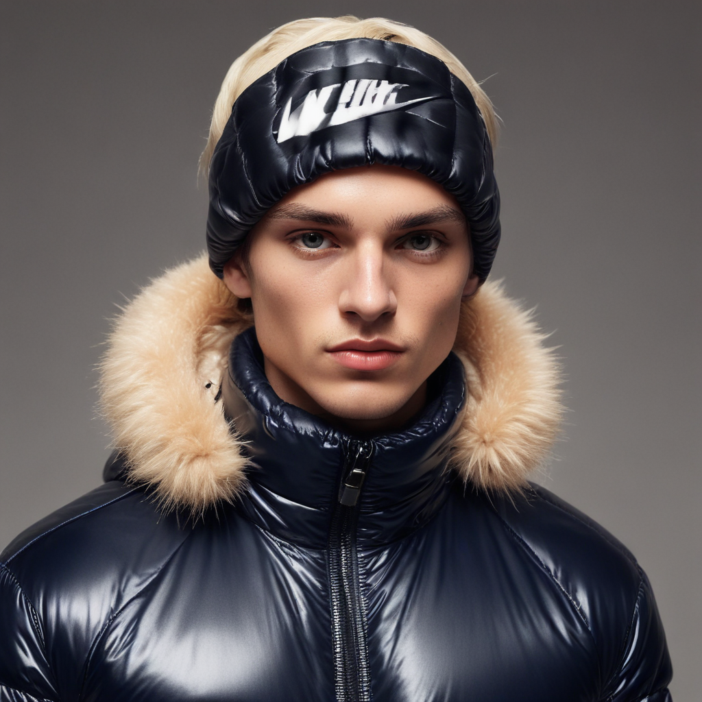 Male supermodel nike shiny puffer jacket bling jewellery hood headband